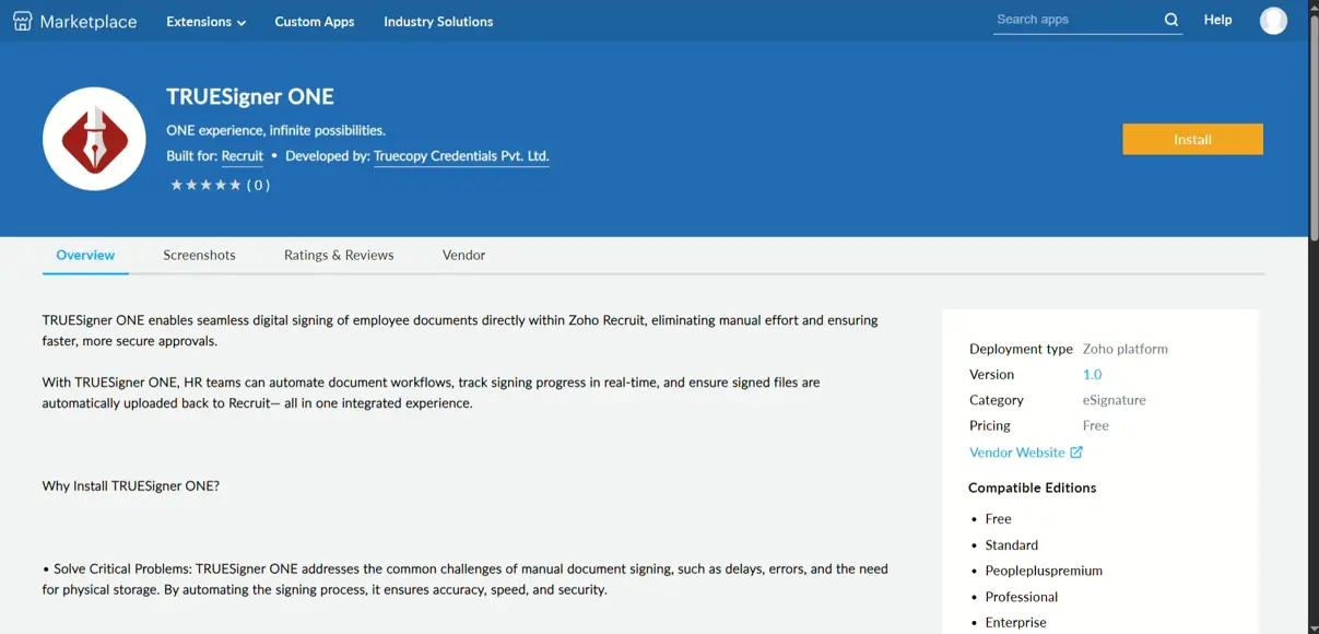 TRUESigner ONE for Zoho Recruit | Truecopy
